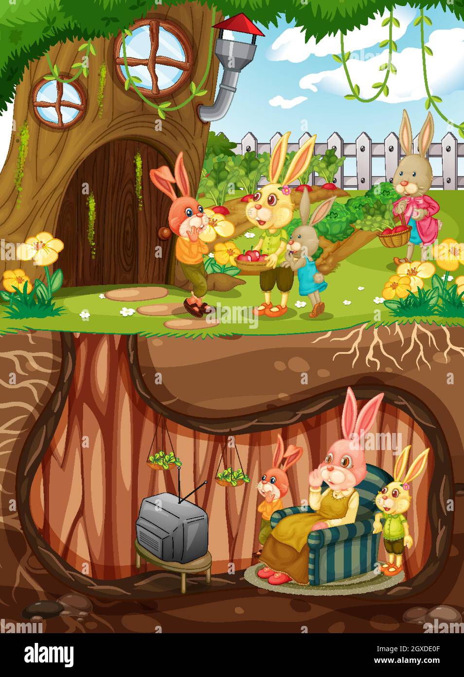 Rabbit family living in hollow underground with ground surface of the ...