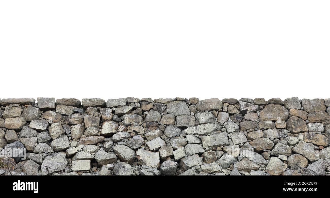 Natural stone fence isolated on white background, front view rock and ...