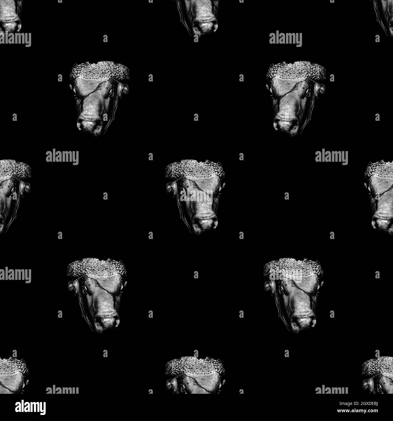 Conversational seamless pattern design with minotaur head motif in blue ...