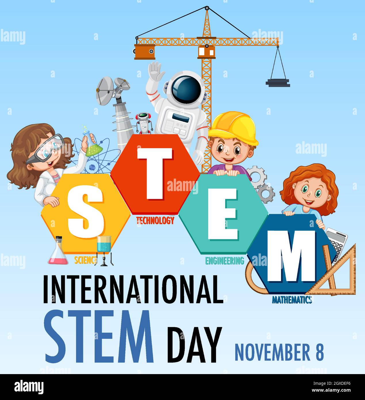 International STEM Day banner with kids cartoon character illustration ...