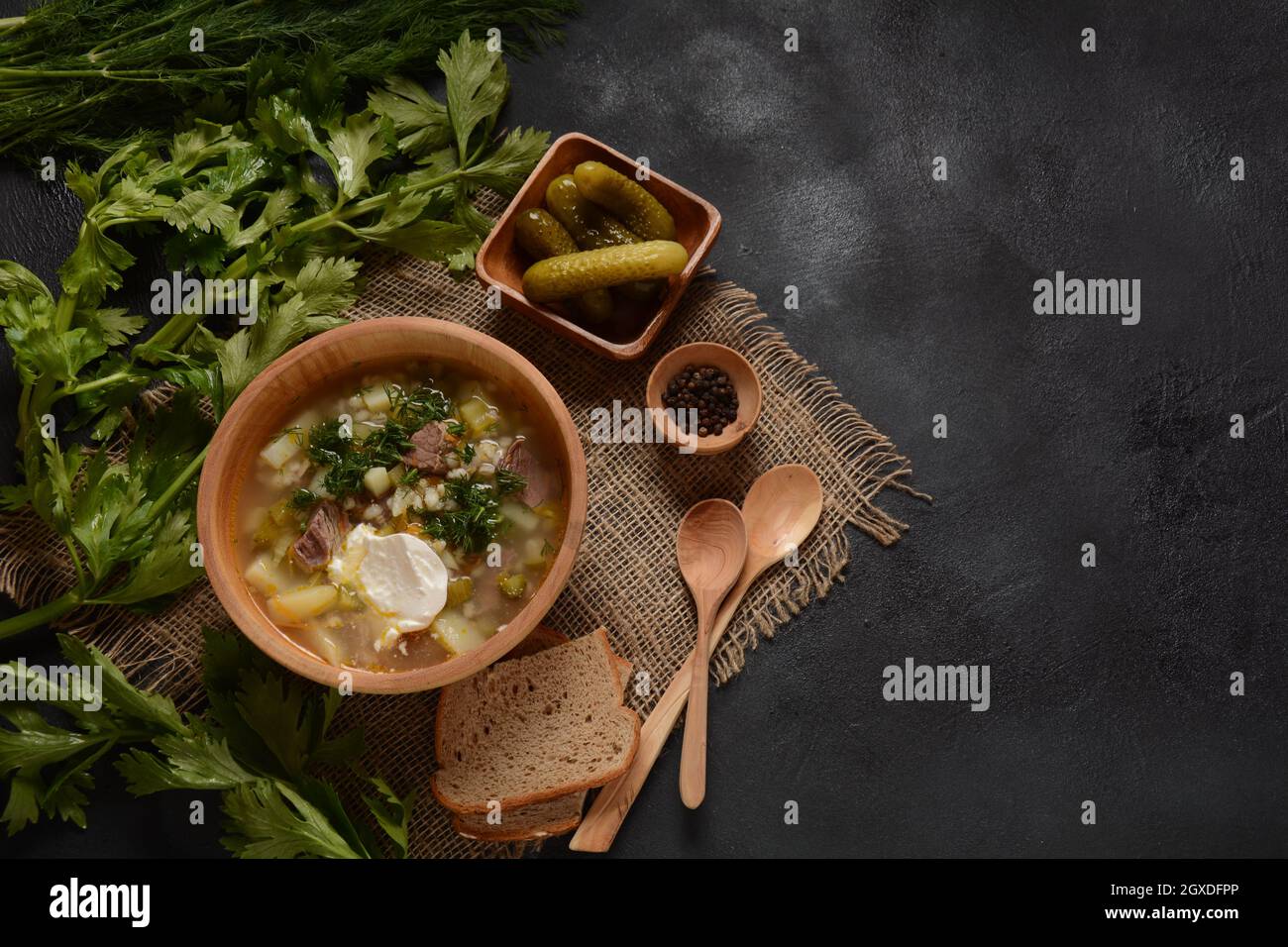 Soup with beef meat, pickled cucumbers and pearl barley. Rassolnik ...