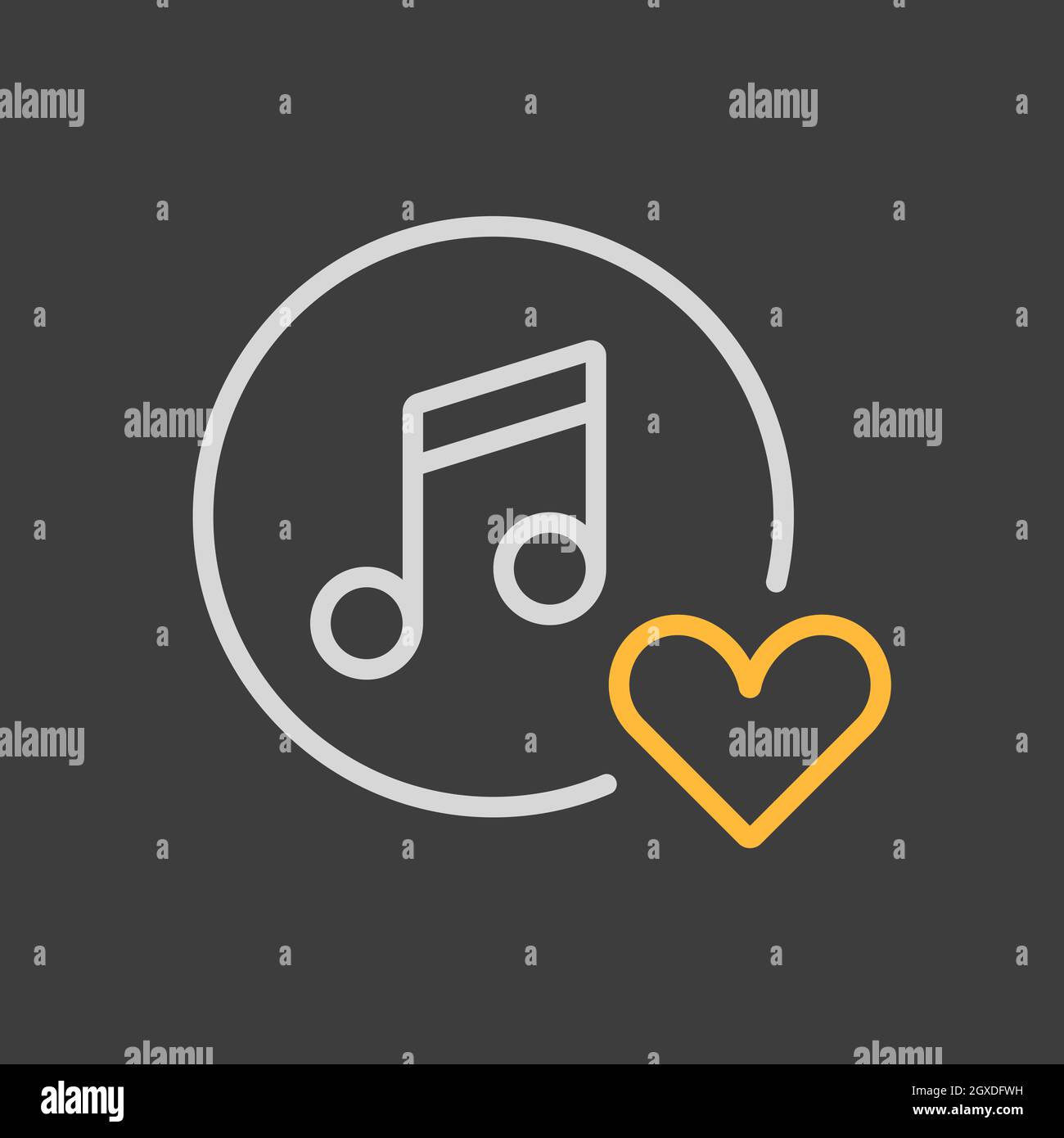 Musical note icon and favorite, like, love, care symbol on dark ...