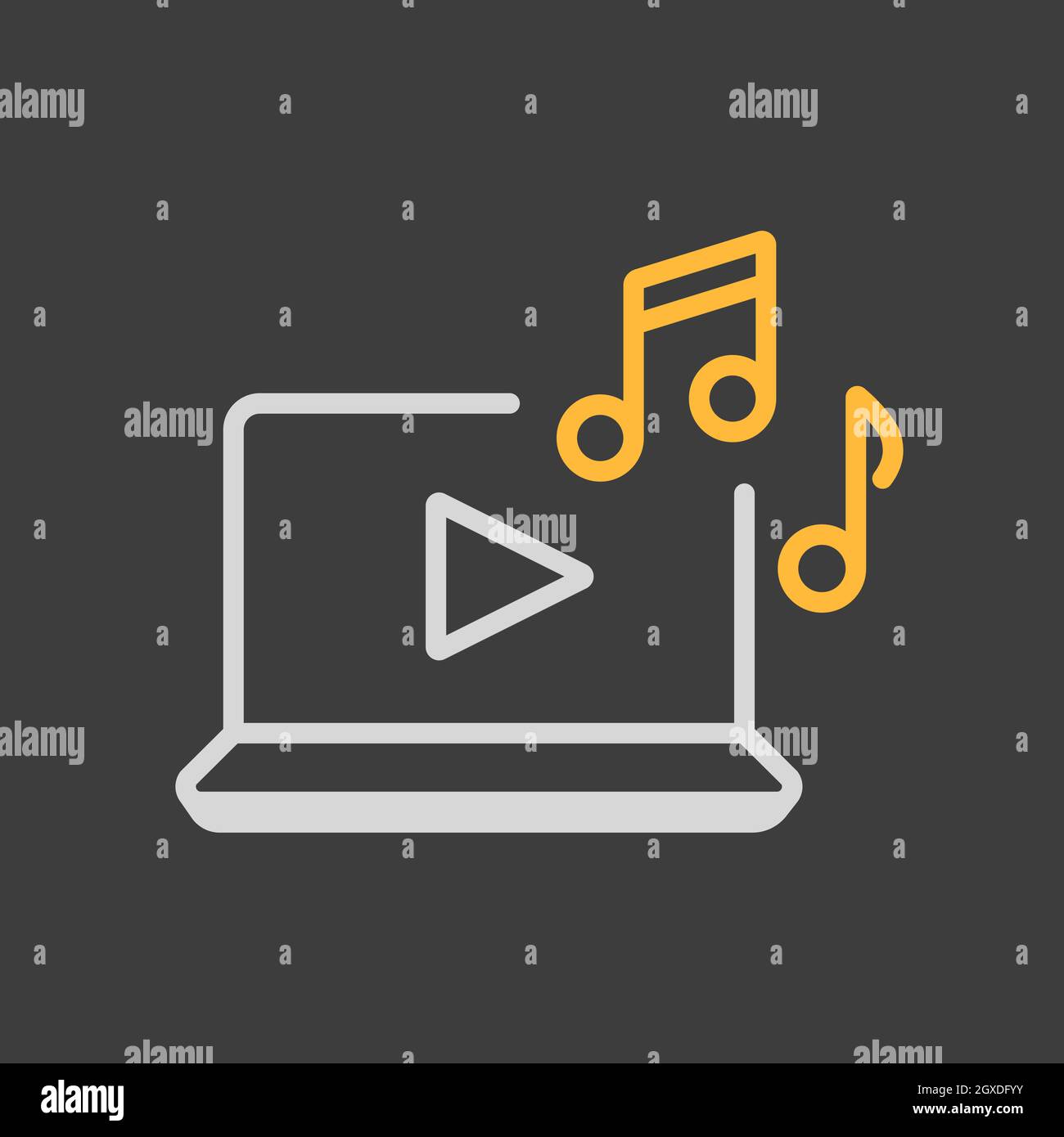 Listen to music on laptop vector icon on dark background. Music sign ...