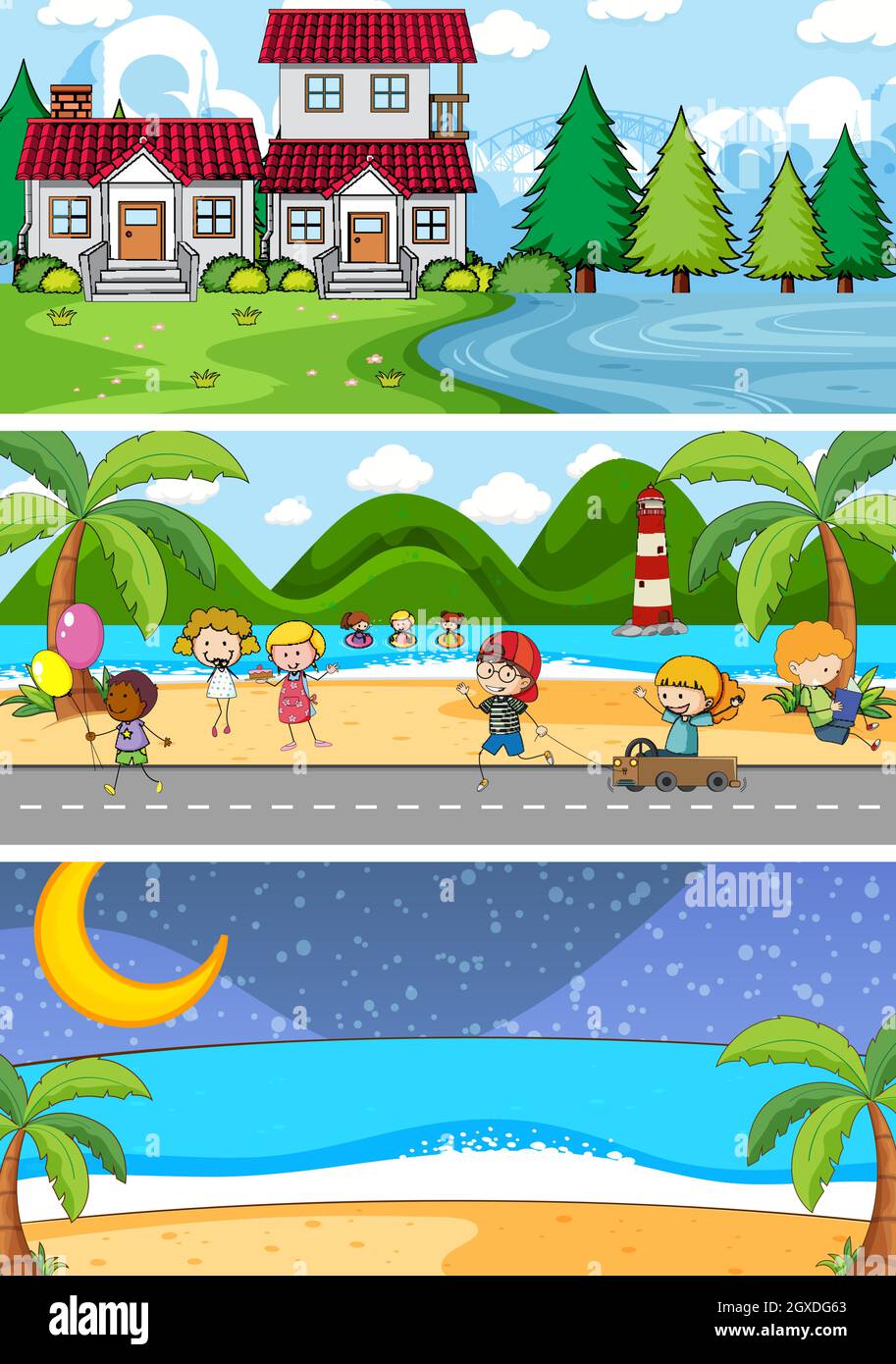 Set of different horizontal scenes background with doodle kids cartoon ...