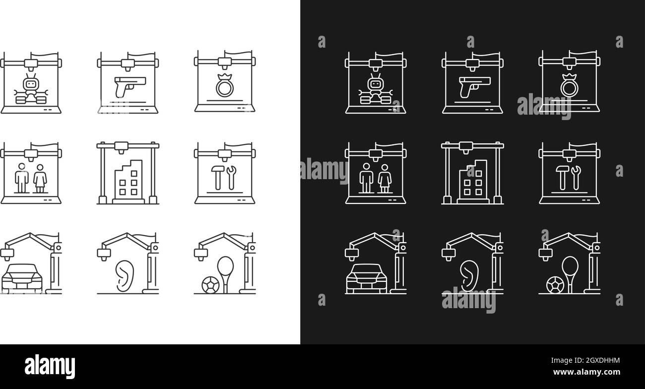 3d printing process linear icons set for dark and light mode Stock ...