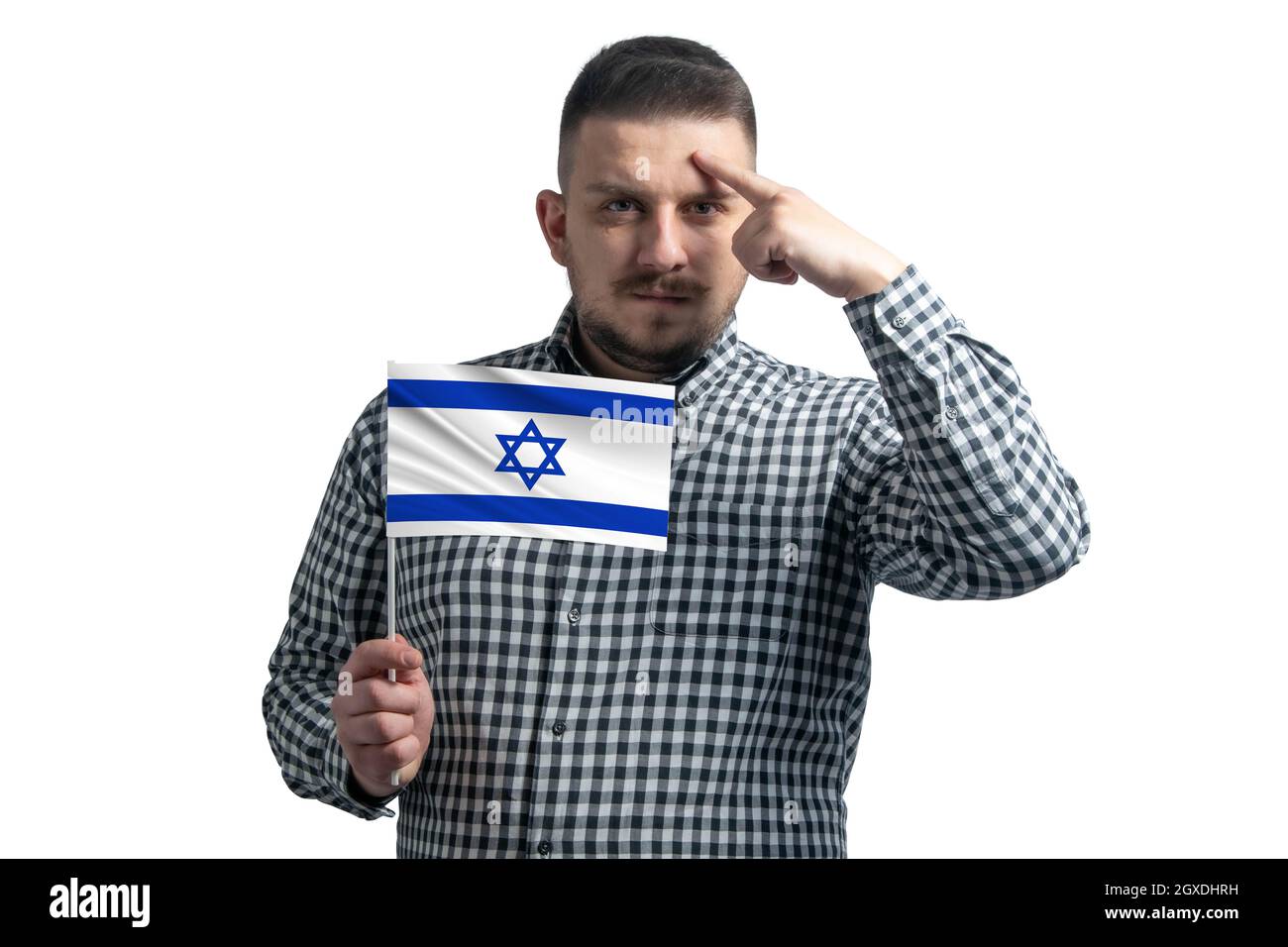 White guy holding a flag of Israel and a finger touches the temple on ...