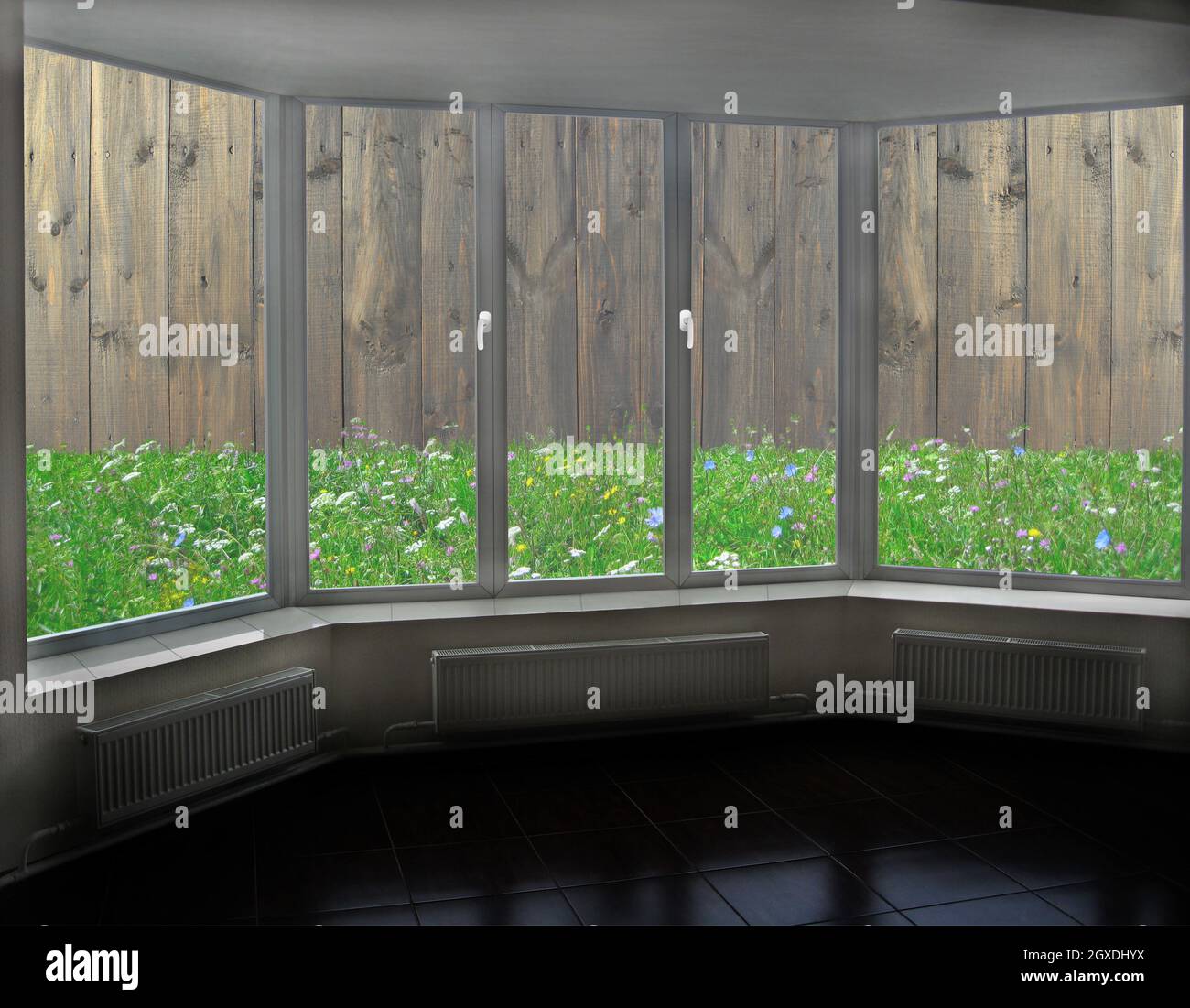 Open window overlooking the fence. Window overlooking summer courtyard ...