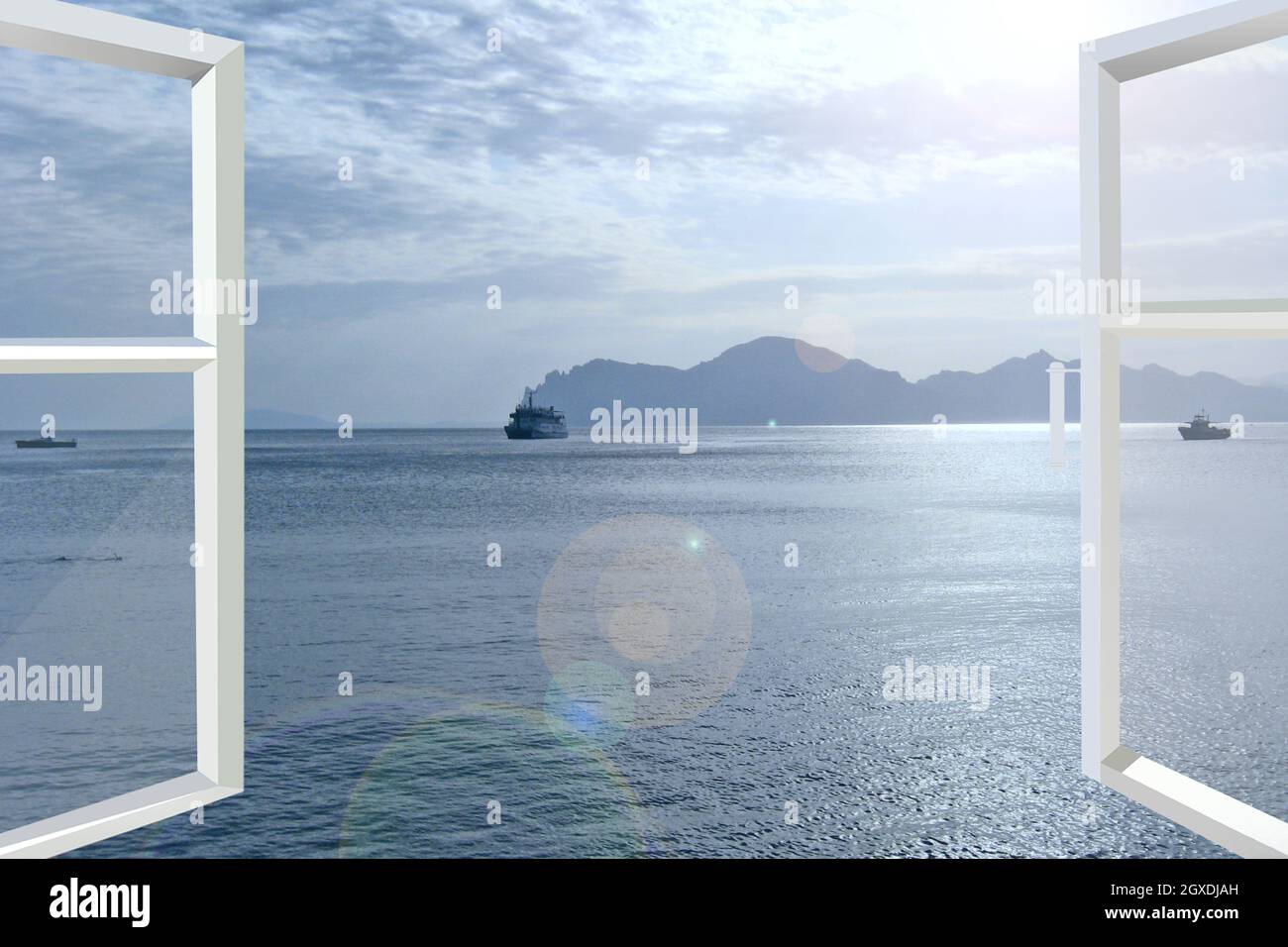 Panoramic window overlooking in ocean with ships. Domestic concept ...