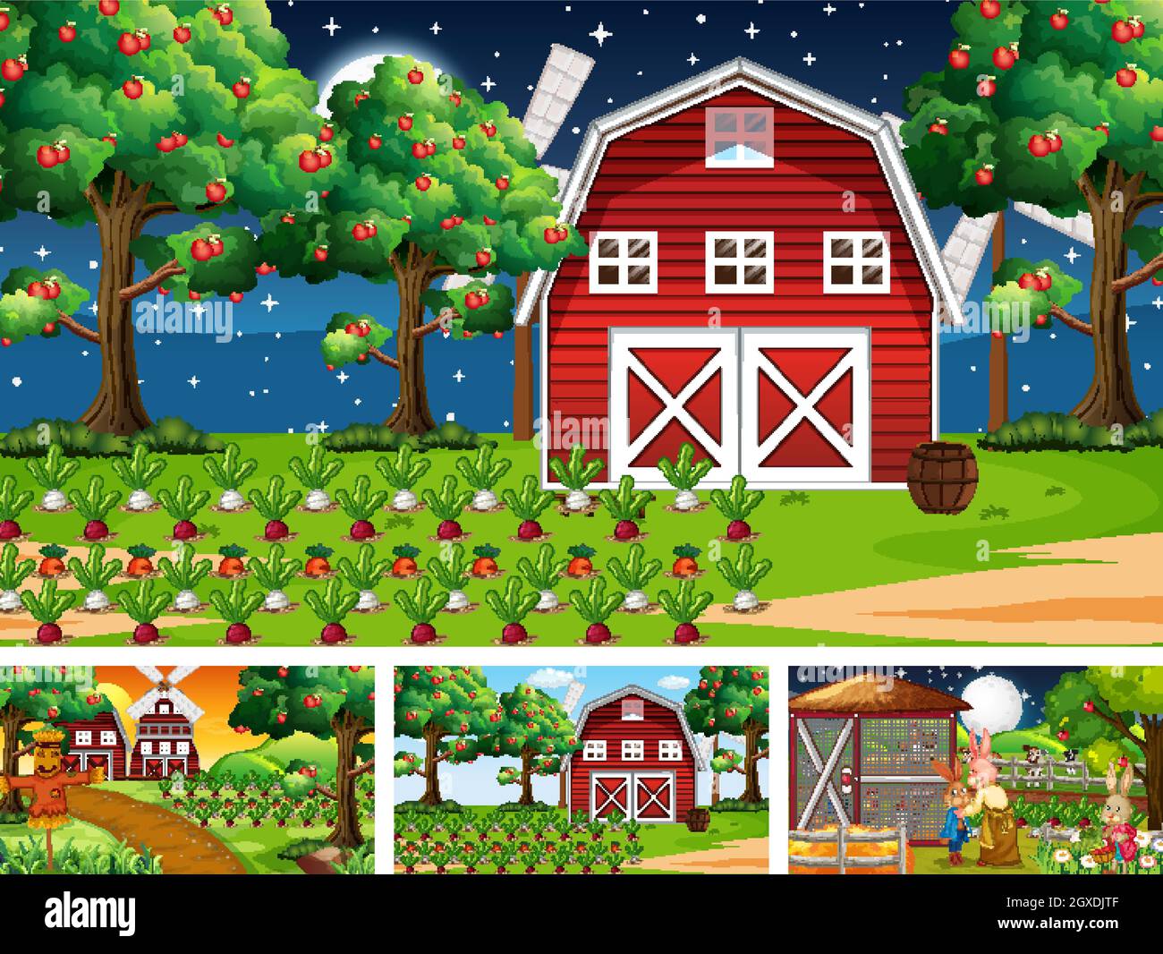 Different farm scenes with old farmer and animal cartoon character ...