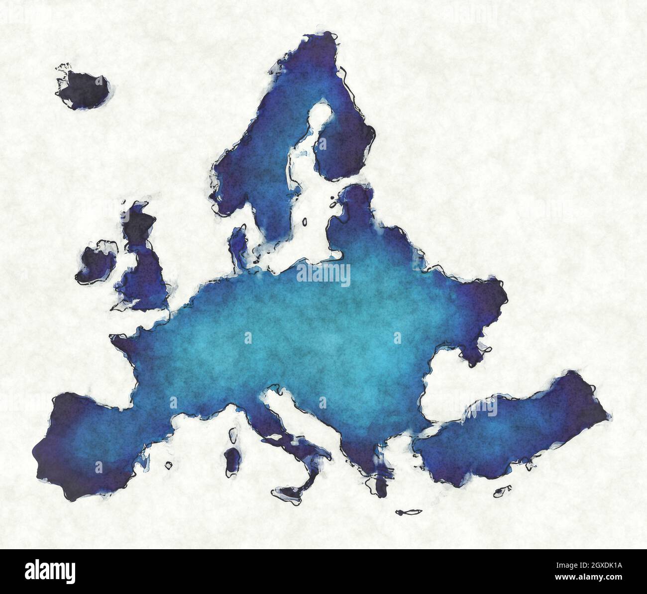 Europe map with drawn lines and blue watercolor illustration Stock ...