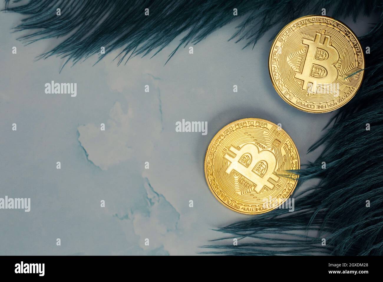 Golden Bitcoins Cryptocurrency top view stack of Digital coins on gray ...