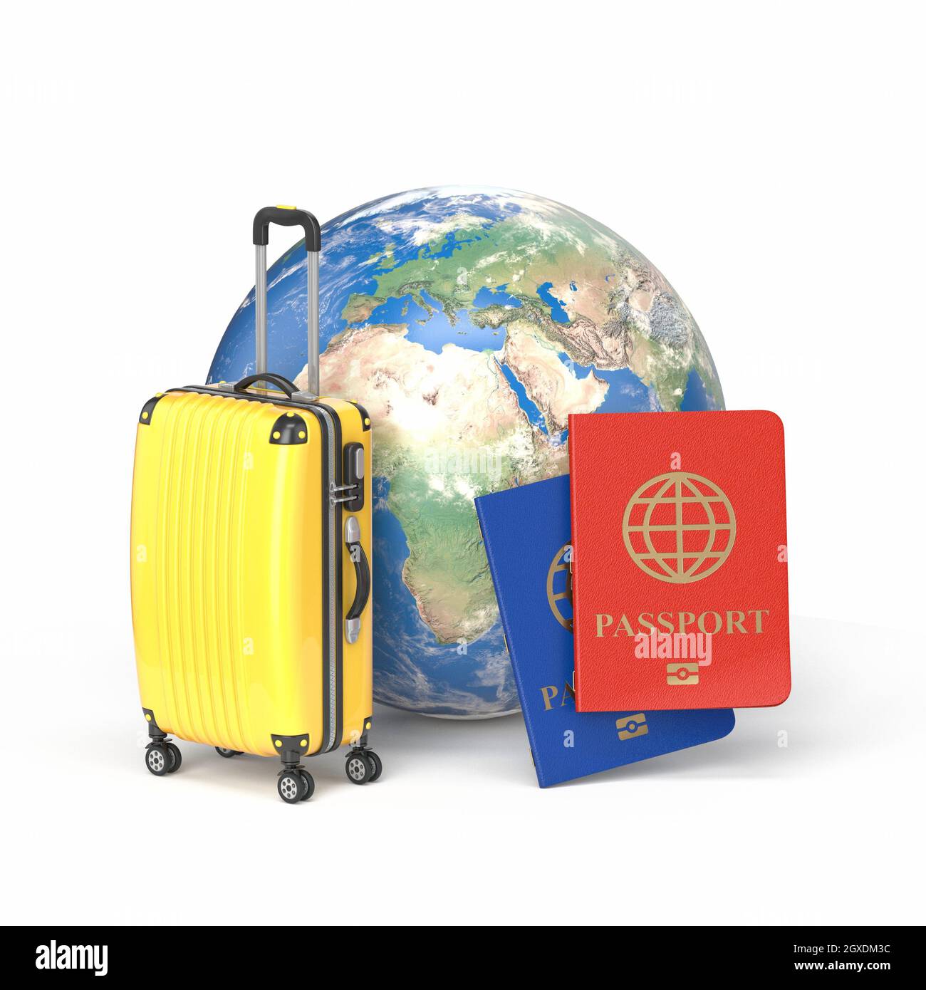 Travel concept, planet Earth with suitcase and passports 3D render ...