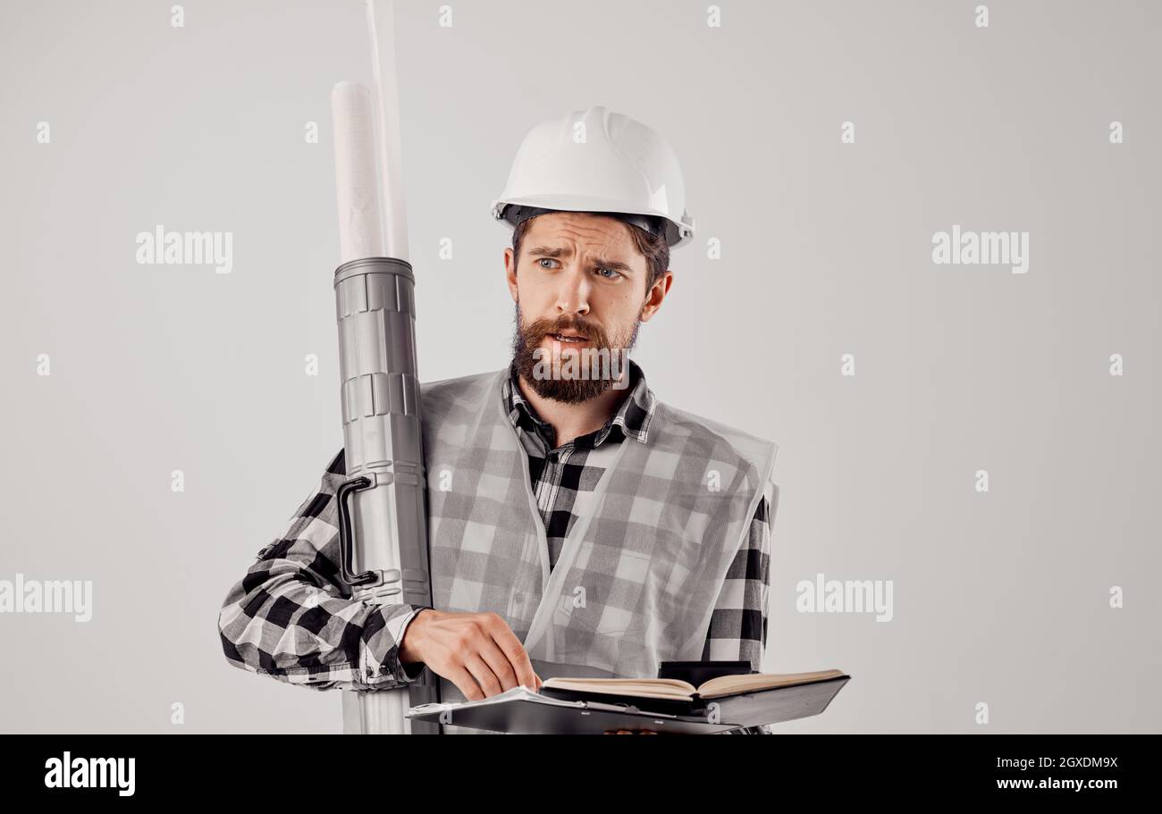 engineer with documents and drawings blueprints studio industry Stock ...