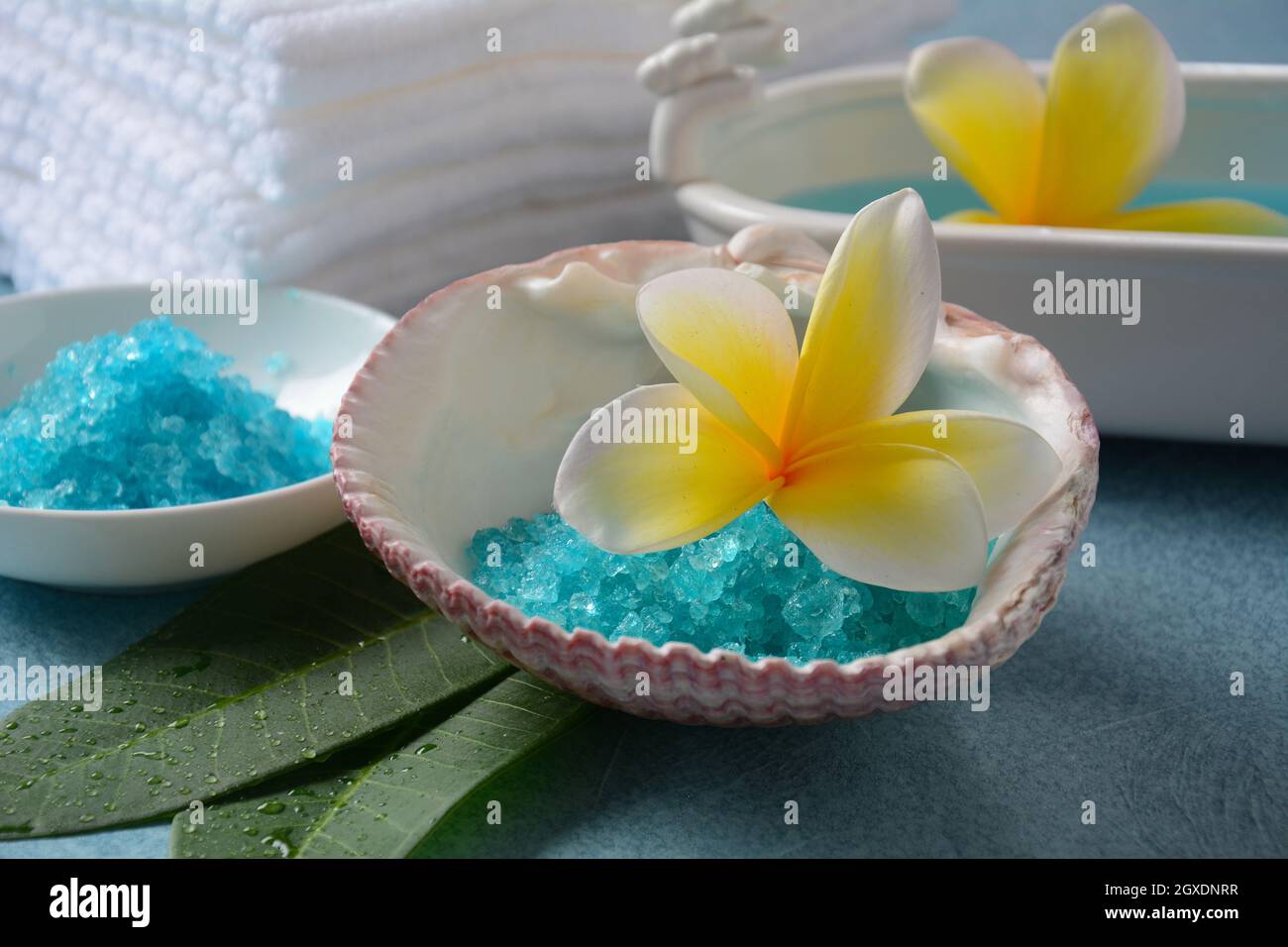 Spa and body care products. Aromatic blue bath Dead Sea Salt on the ...