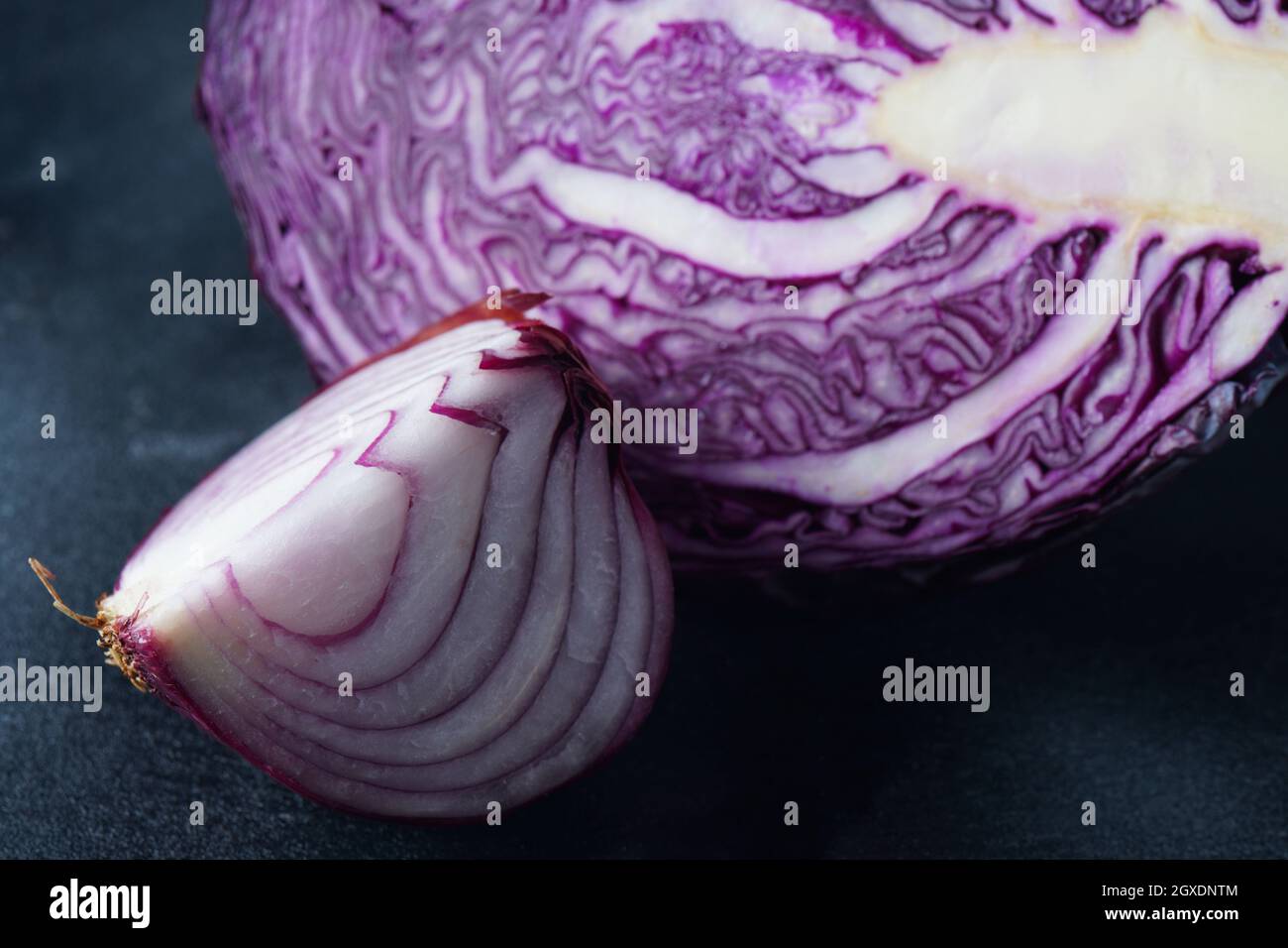 Red cabbage one slice.Fresh red cabbage and sliced red onion Stock ...