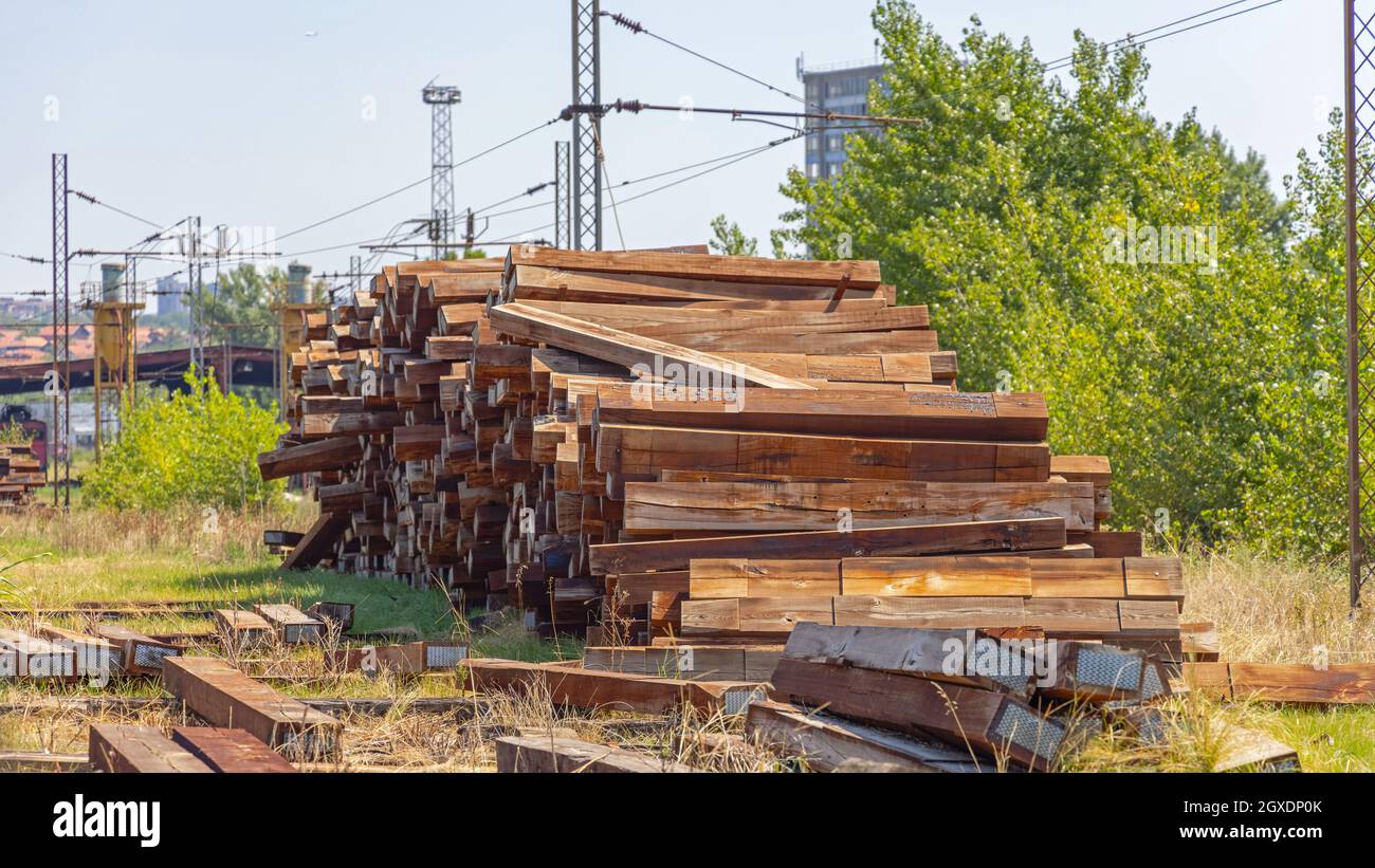 Big Stack of Used Wooden Railroad Ties at yard Stock Photo - Alamy