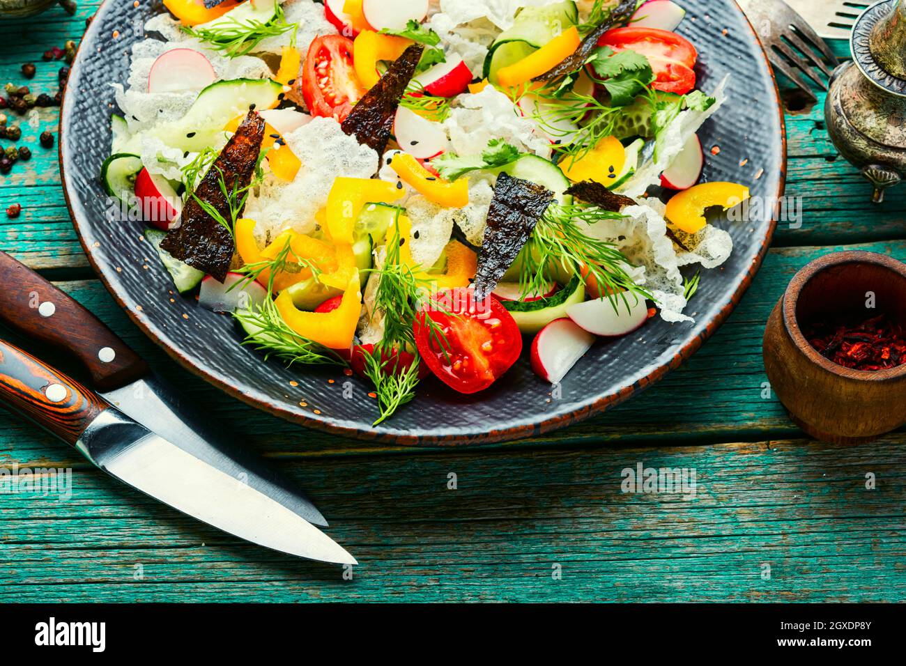 Spring fresh vegetable salad on rice paper.Vegetable oriental salad ...