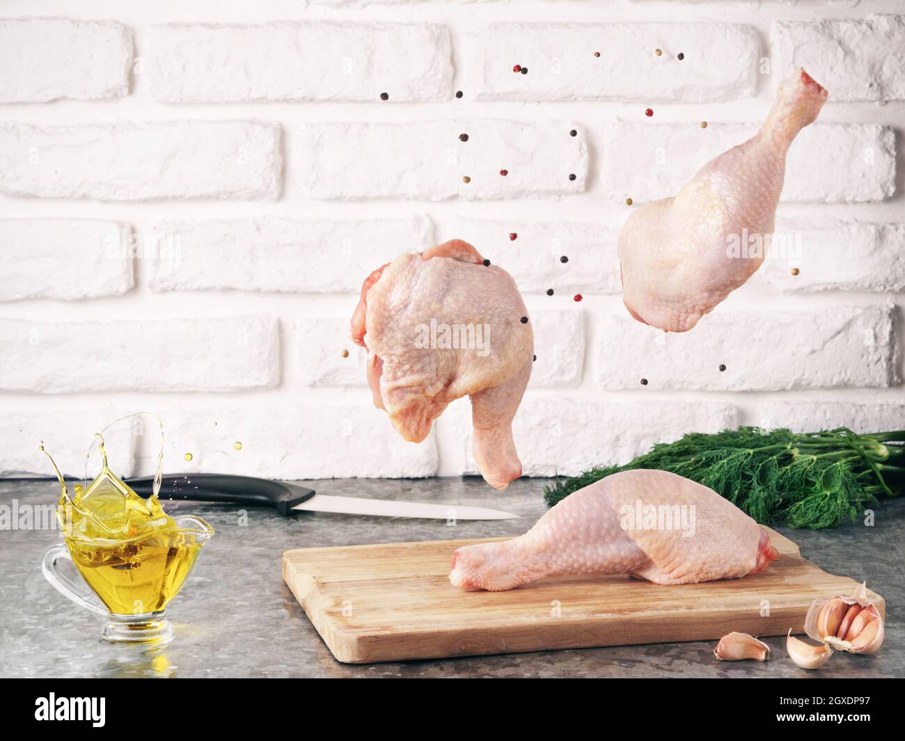 Raw chicken legs levitation. Flying food. Concept for food ingredient ...