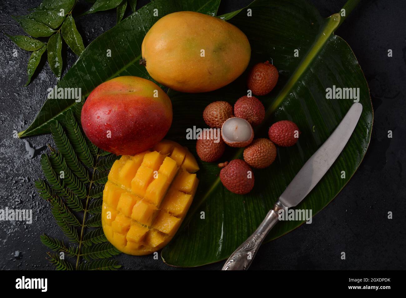 Fresh mango fruit with sliced diced mango chunks on a plate and fresh ...