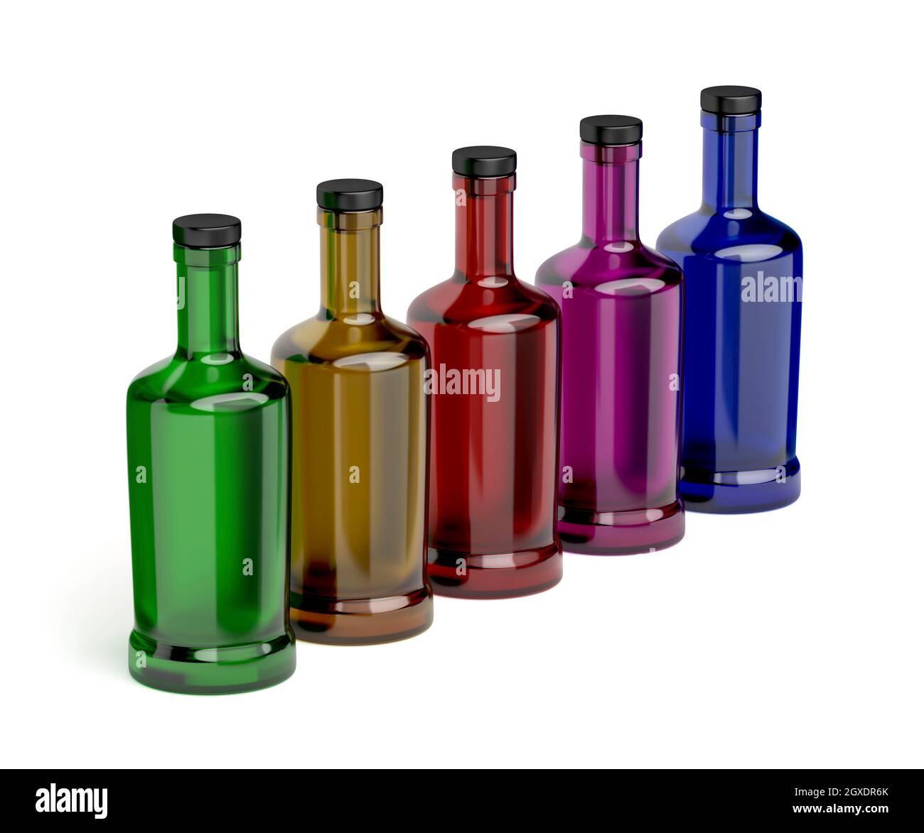 Bottles with different colors on white background Stock Photo - Alamy