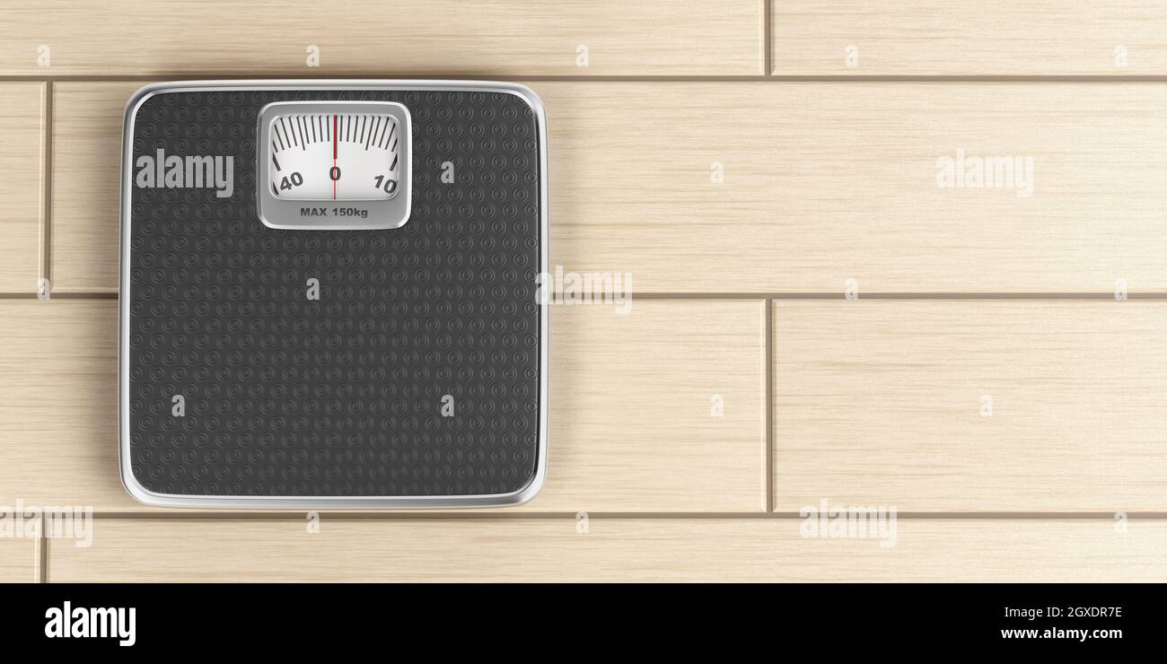Mechanical weighing scale on the wood floor, top view Stock Photo - Alamy