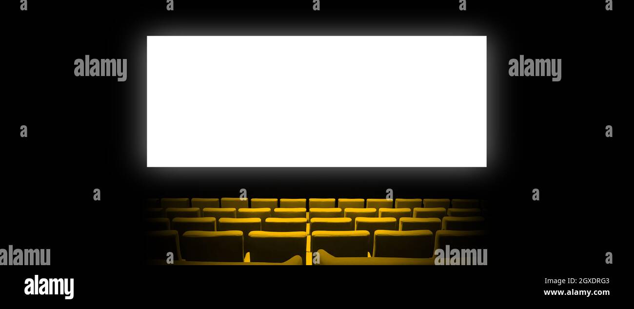 Cinema movie theatre with yellow velvet seats and a blank white screen ...