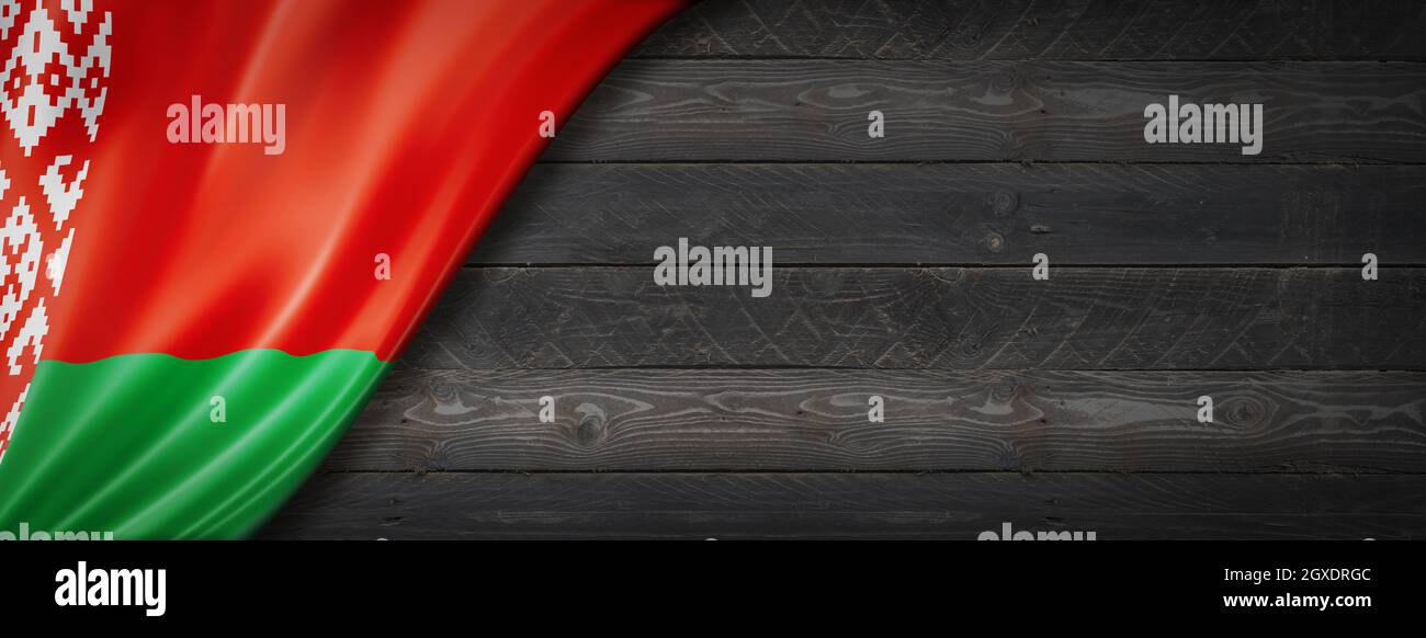 Belarus flag on black wood wall. Horizontal panoramic banner Stock ...