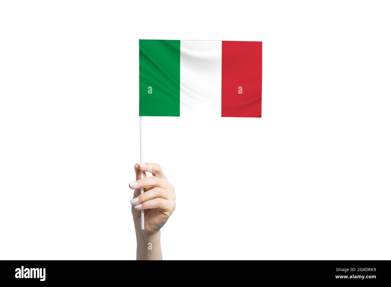 Beautiful female hand holding Italy flag, isolated on white background ...