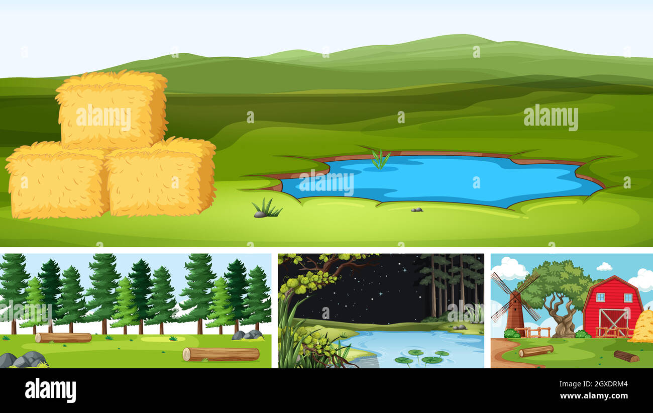 Four different scenes in nature setting cartoon style Stock Vector ...