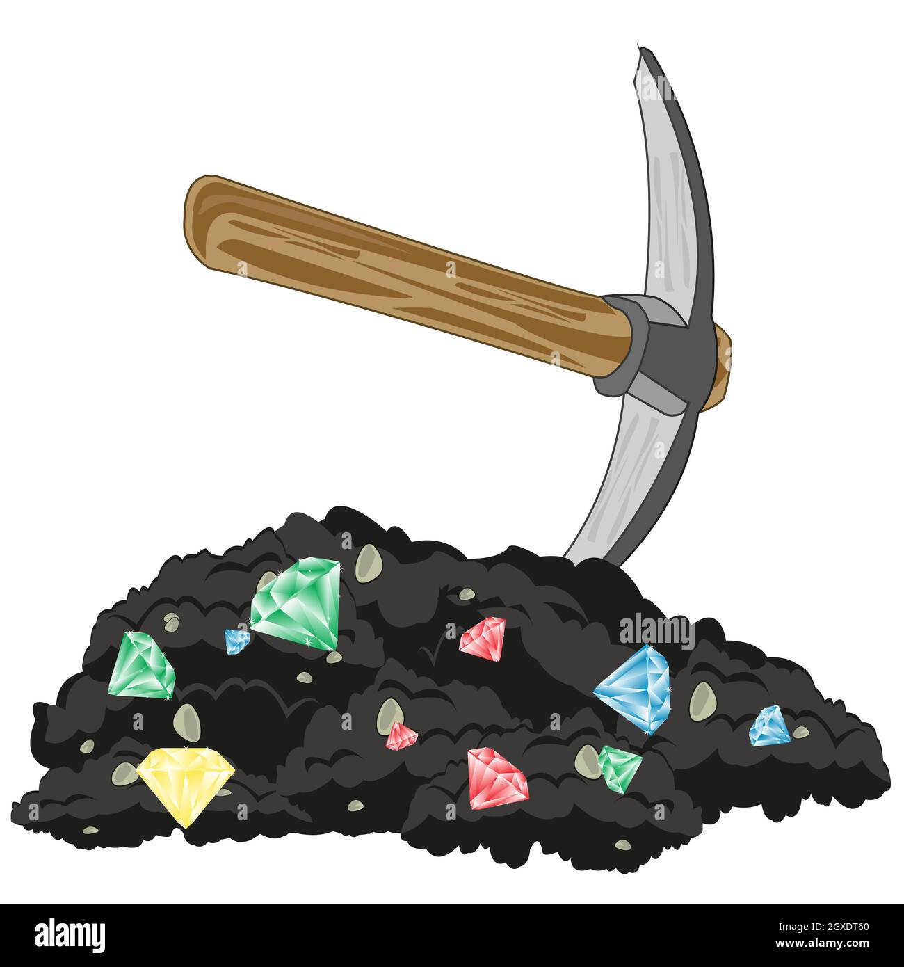 Vector illustration worker tools pickax and heaps of ground with jewels ...
