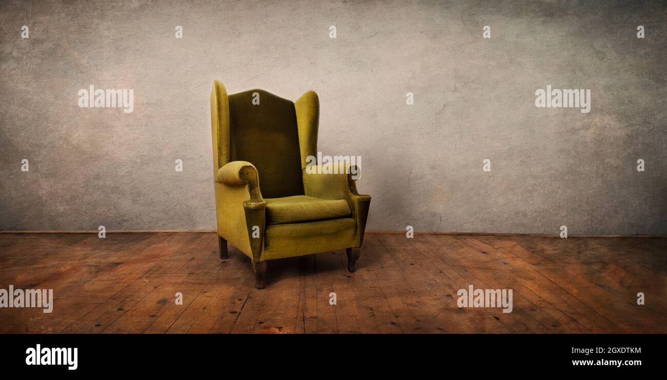 Old retro chair in empty rustic living room. Vintage interior design ...