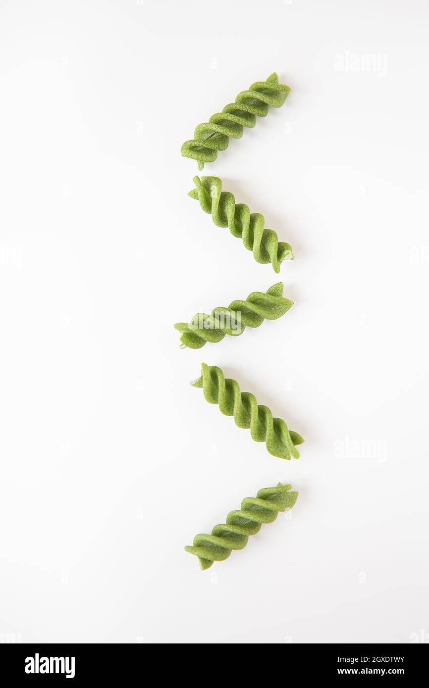 Raw green fusilli pasta, natural based on spinach and spirulina ...