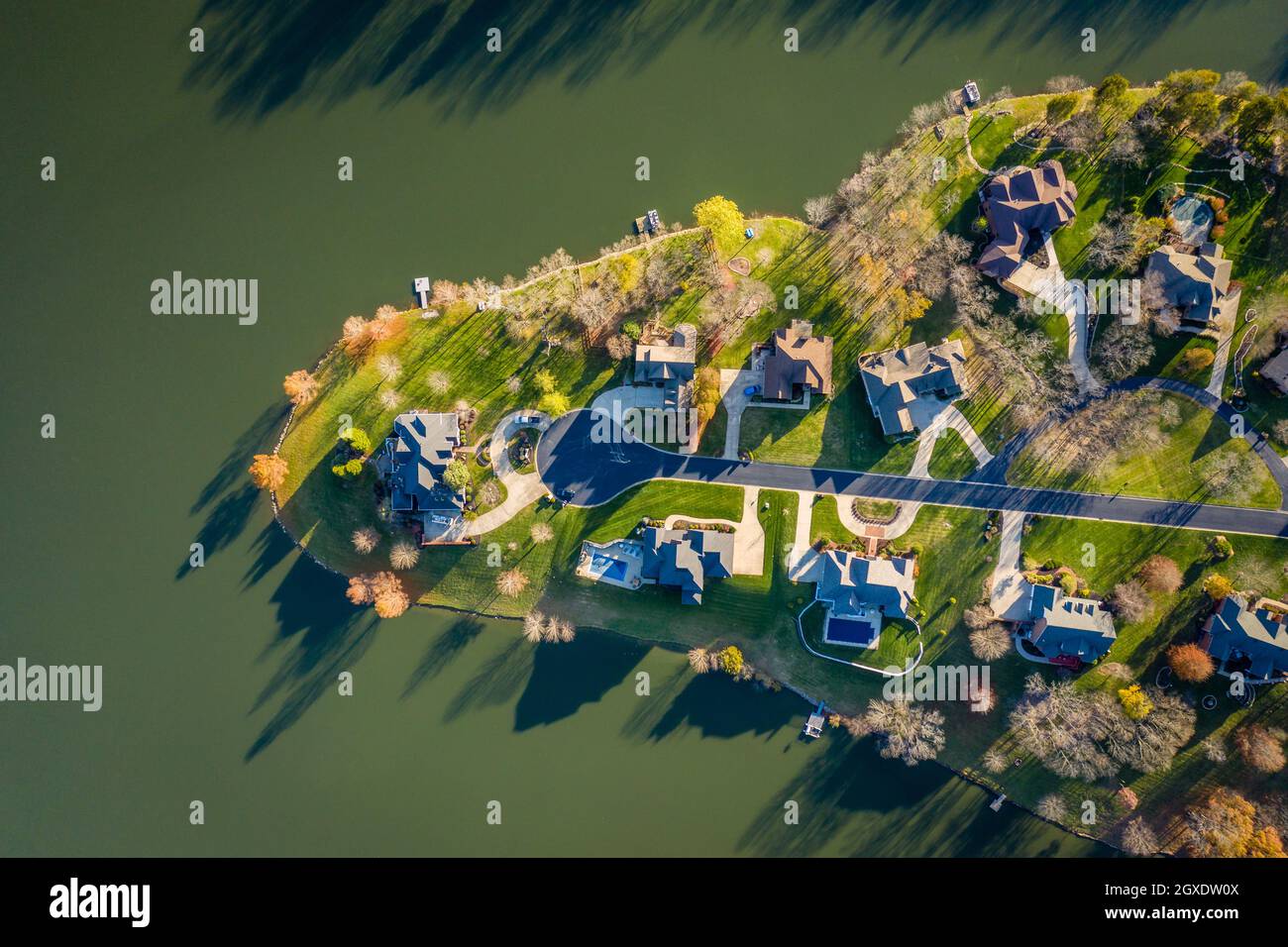 Top-down view of a residential neighborhood by a lake near Georgetown ...