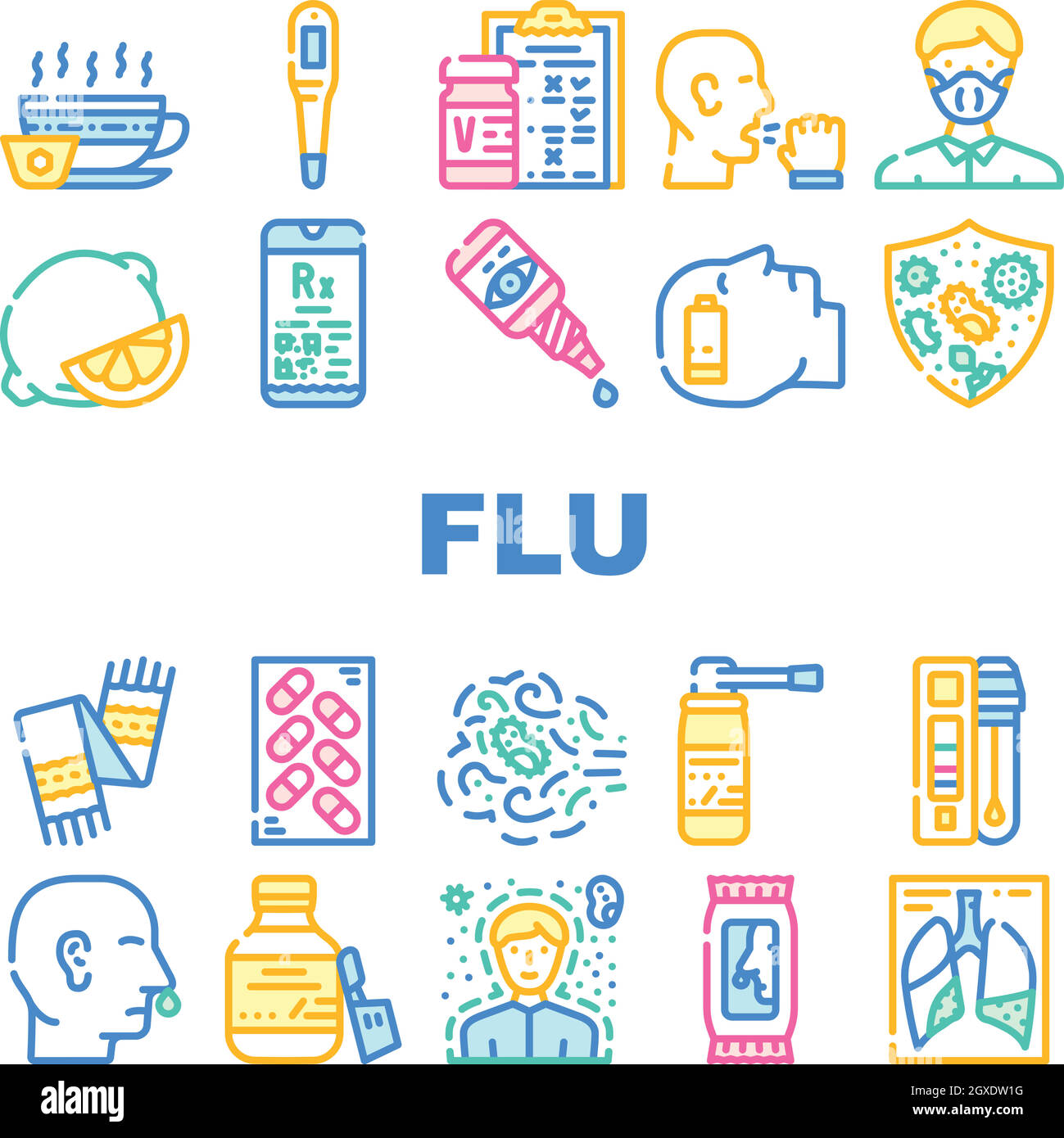 Flu Disease Treatment Collection Icons Set Vector Stock Vector Image ...