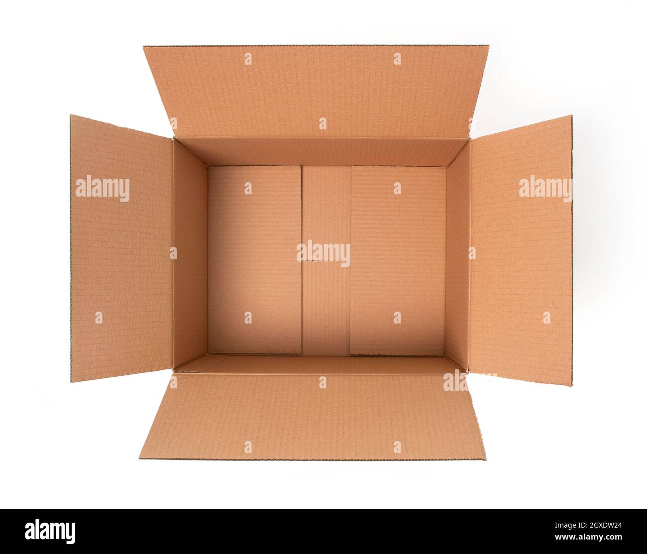 Open cardboard box on white background Stock Photo - Alamy