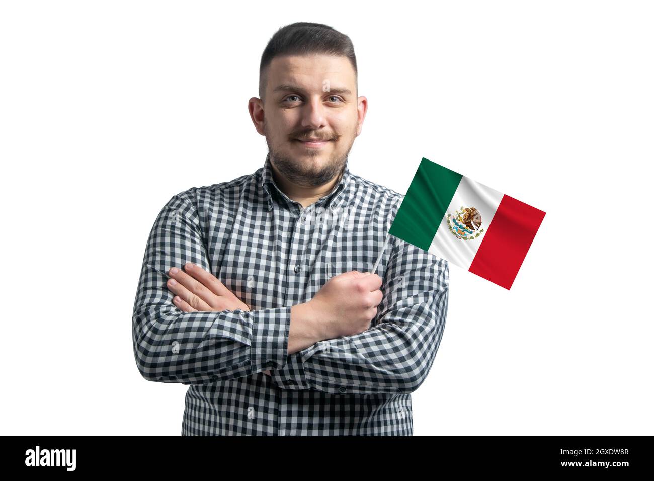 White guy holding a flag of Mexico smiling confident with crossed arms ...