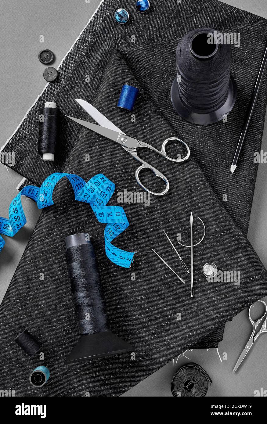 Tailoring products on table, top view Stock Photo - Alamy