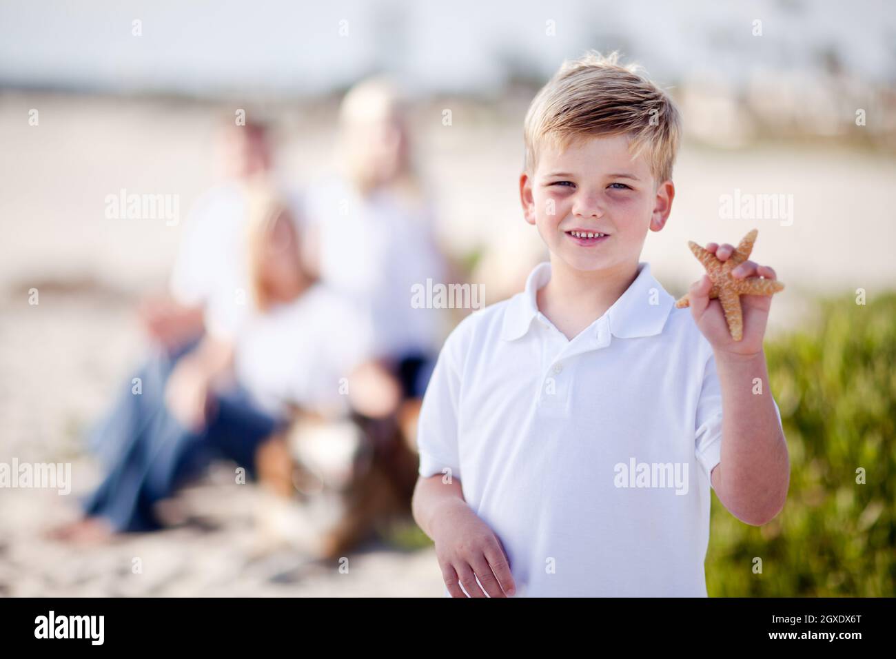 Cute Little Blonde Boy Showing Off His Starfish at the Beach Stock ...