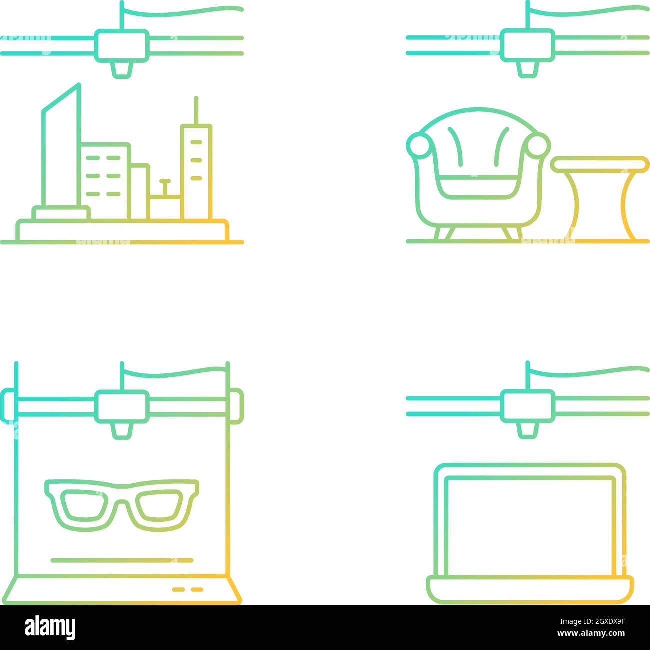 Three Dimensional Objects Production Gradient Linear Vector Icons Set