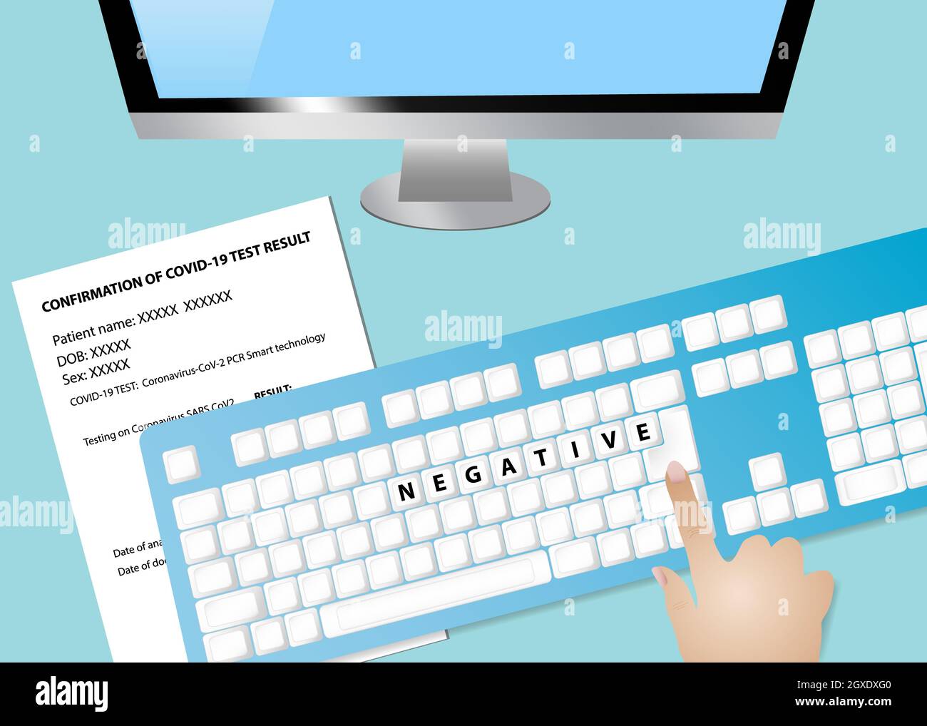 Top view of the office desk and hand writing negative result of PCR ...