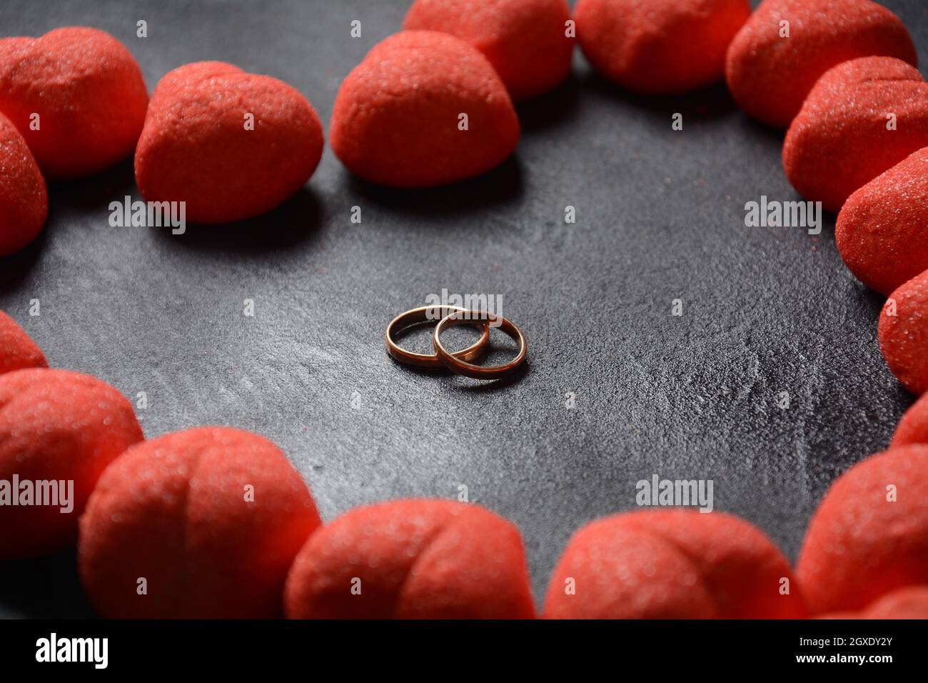 Heart-Shaped red Marshmallows Colored sweet chewy candies.Wedding or ...