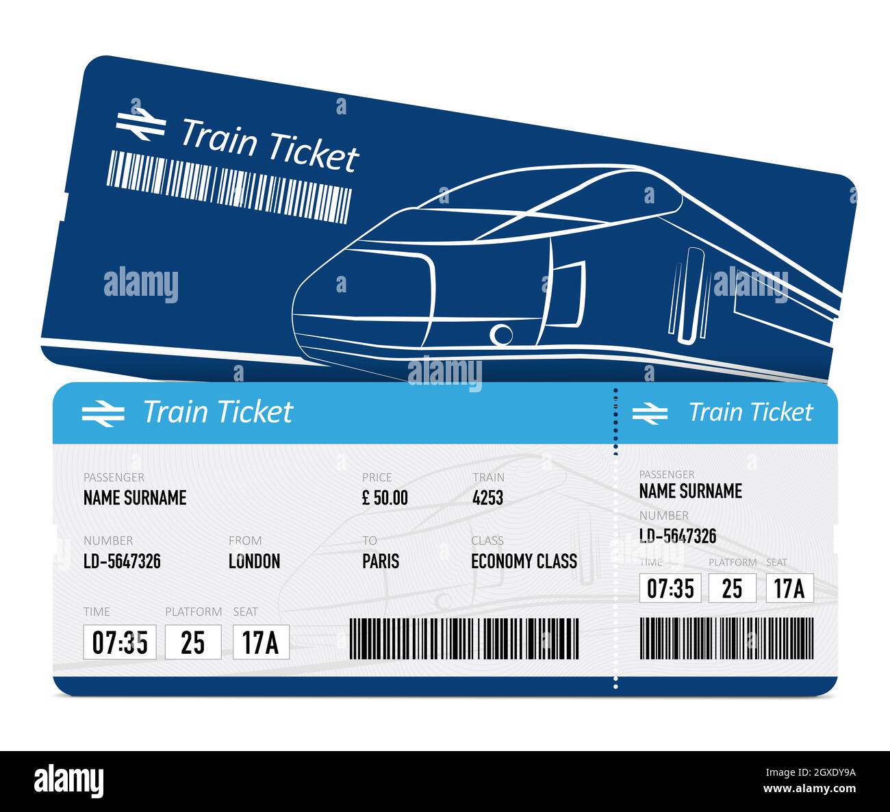 Train tickets on white background Stock Photo - Alamy
