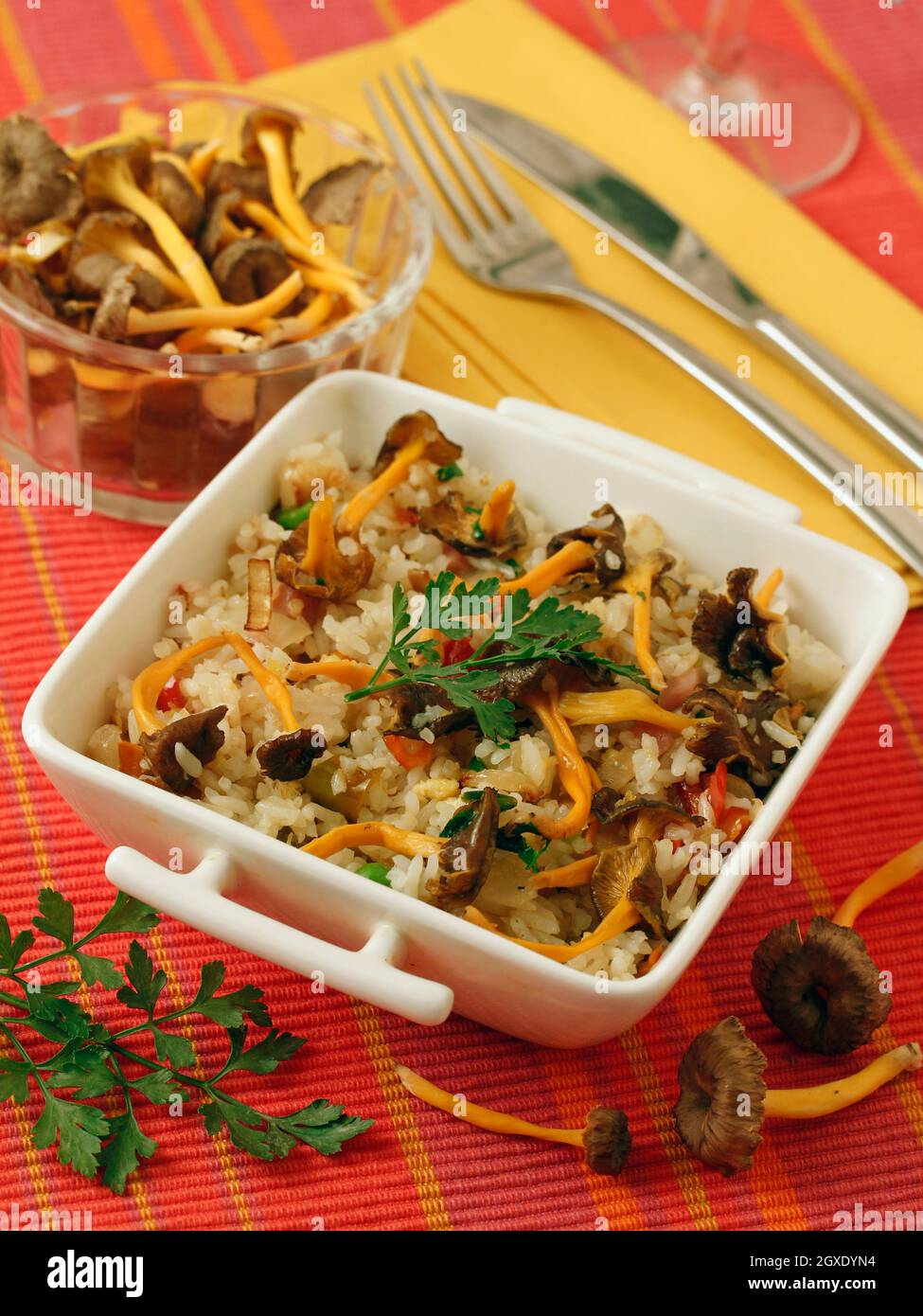 Rice with mushrooms and vegetables. Yellow foot fungus Stock Photo - Alamy