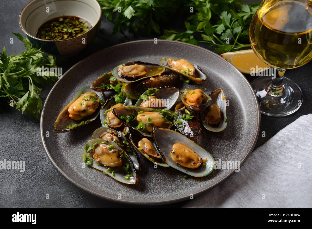 Classic French meal Moules marinière Marinara mussels with garlic ...