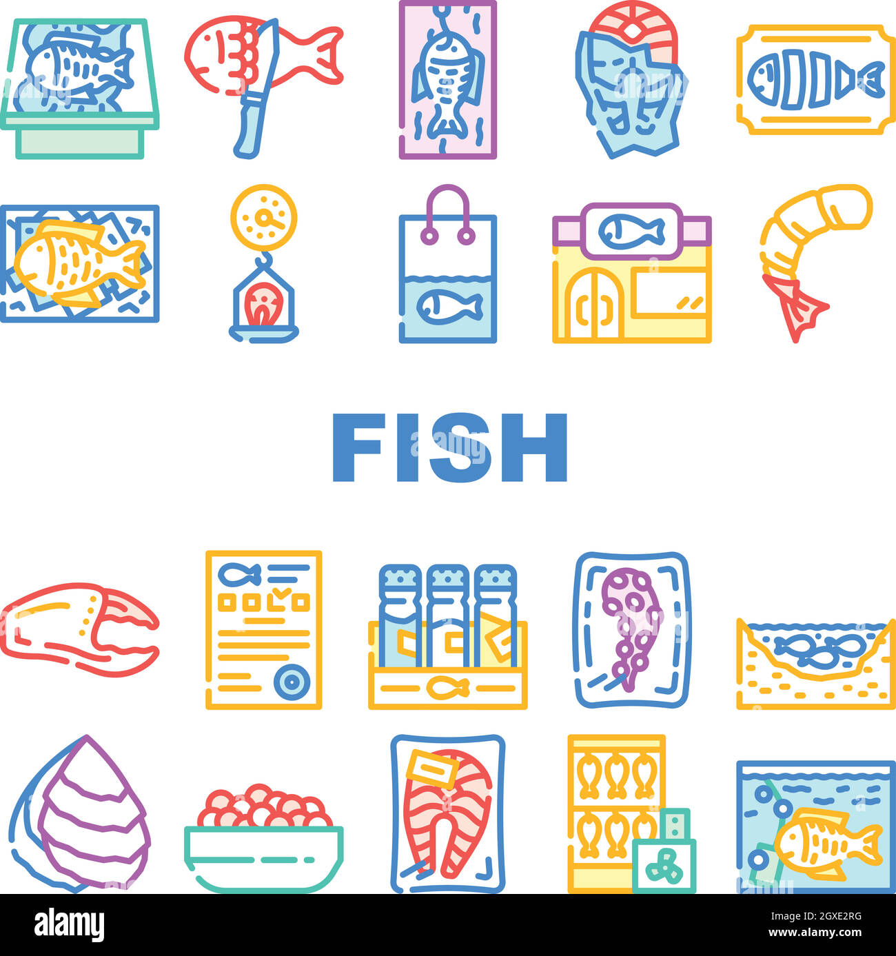 Fish Market Product Collection Icons Set Vector Stock Vector Image ...