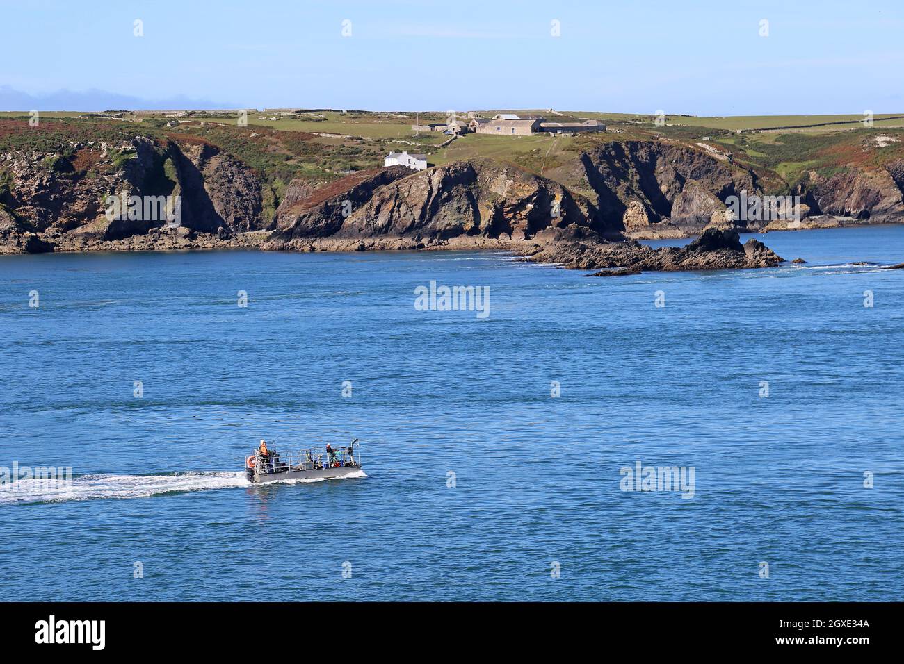 Ramsey Sound and Ramsey Island from National Park Coast Path at Carn ar ...
