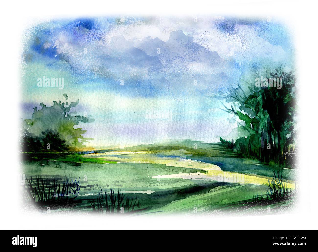 Watercolor spring landscape with rainy sky, river view Stock Photo - Alamy