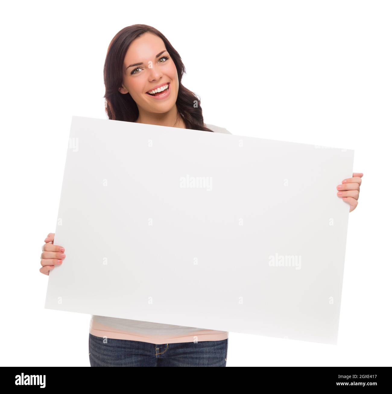 Beautiful Mixed Race Female Holding Blank Sign Isolated on a White ...