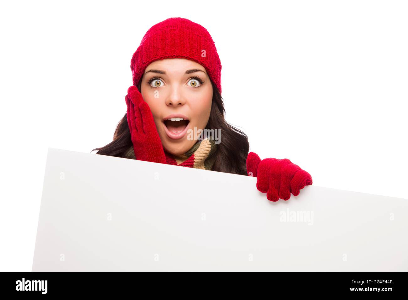 Shocked Girl Wearing Winter Hat and Gloves Holds Blank Sign Isolated on ...