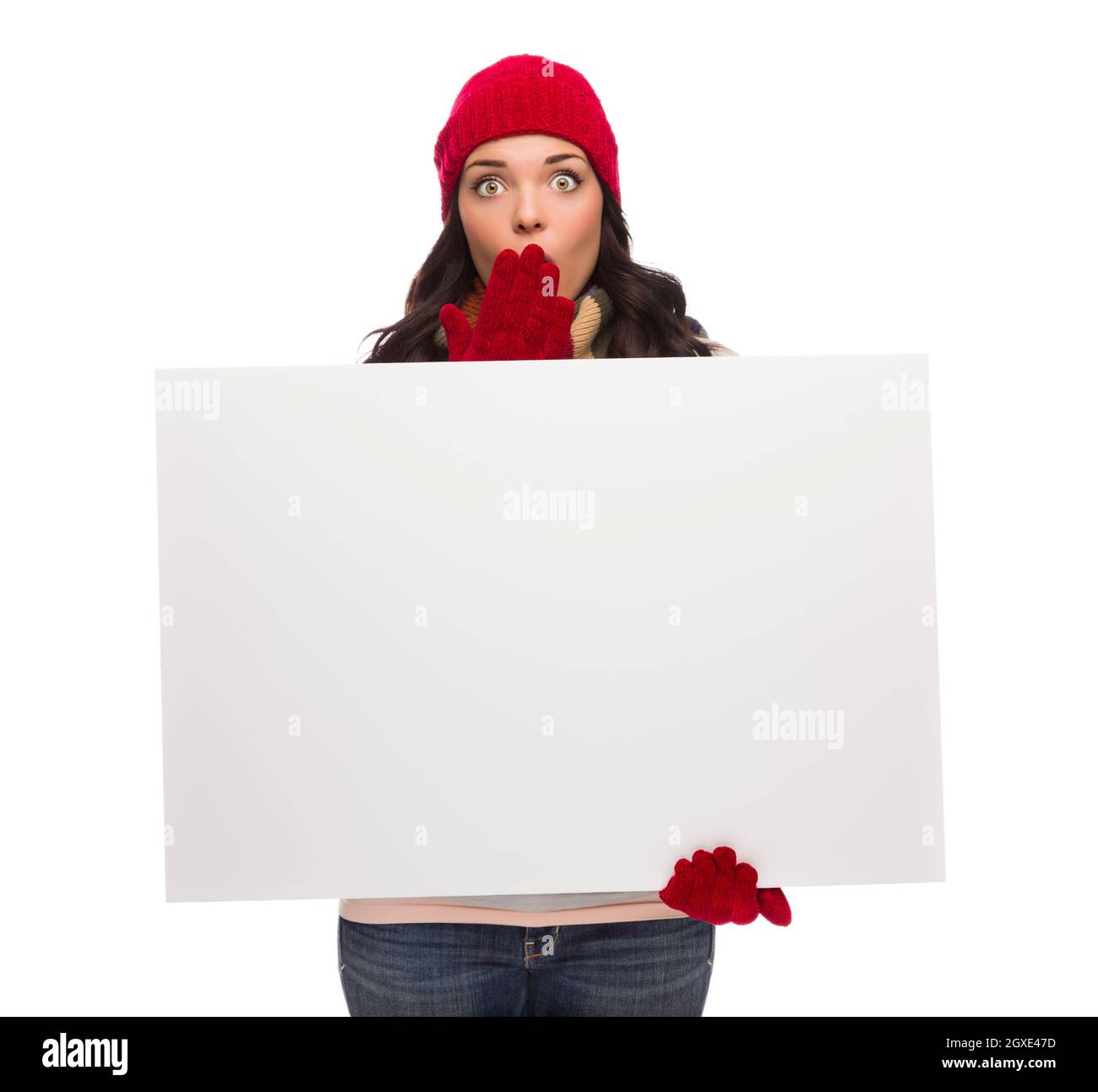 Shocked Girl Wearing Winter Hat and Gloves Holds Blank Sign Isolated on ...